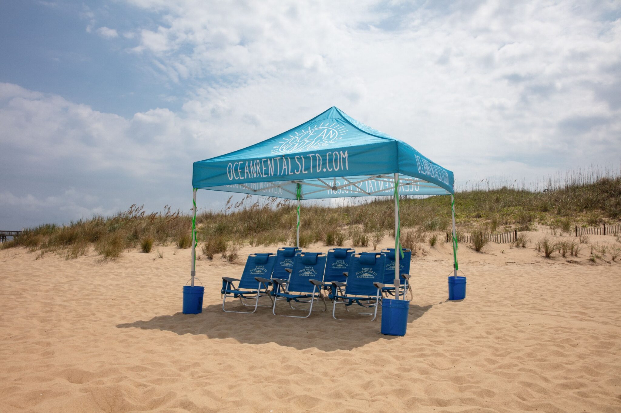 Beach Canopy Setup with 6 Beach Chairs - Ocean Rentals